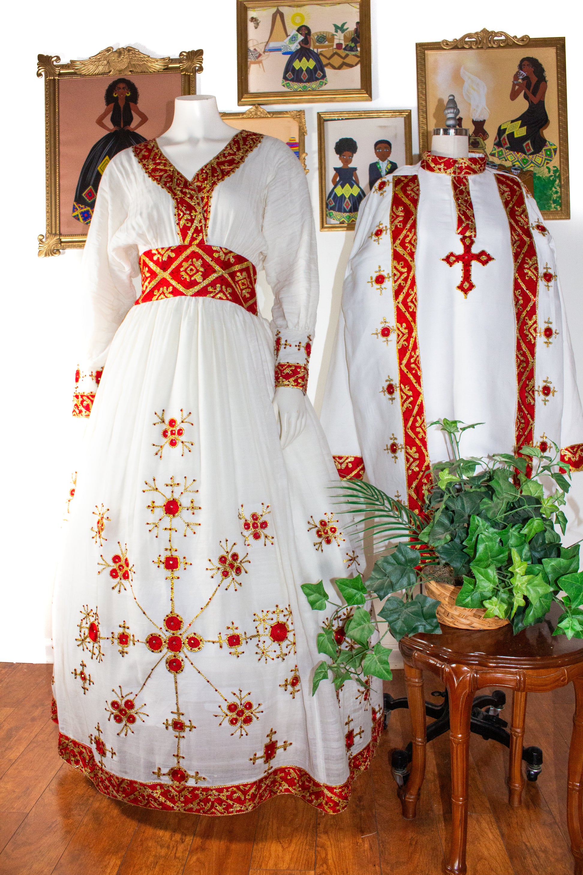 Red Ethiopian Dress, Couple’s Matching Set Zuria Habesha Kemis for Eth