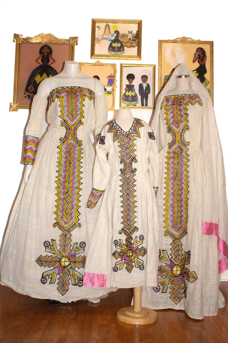 Ethiopian Dress with Pink, Yellow, White and Black Patterns, Pretty in