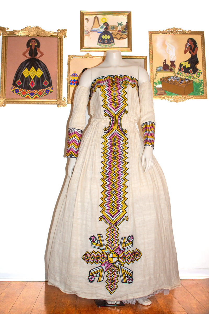 Ethiopian Dress with Pink, Yellow, White and Black Patterns, Pretty in